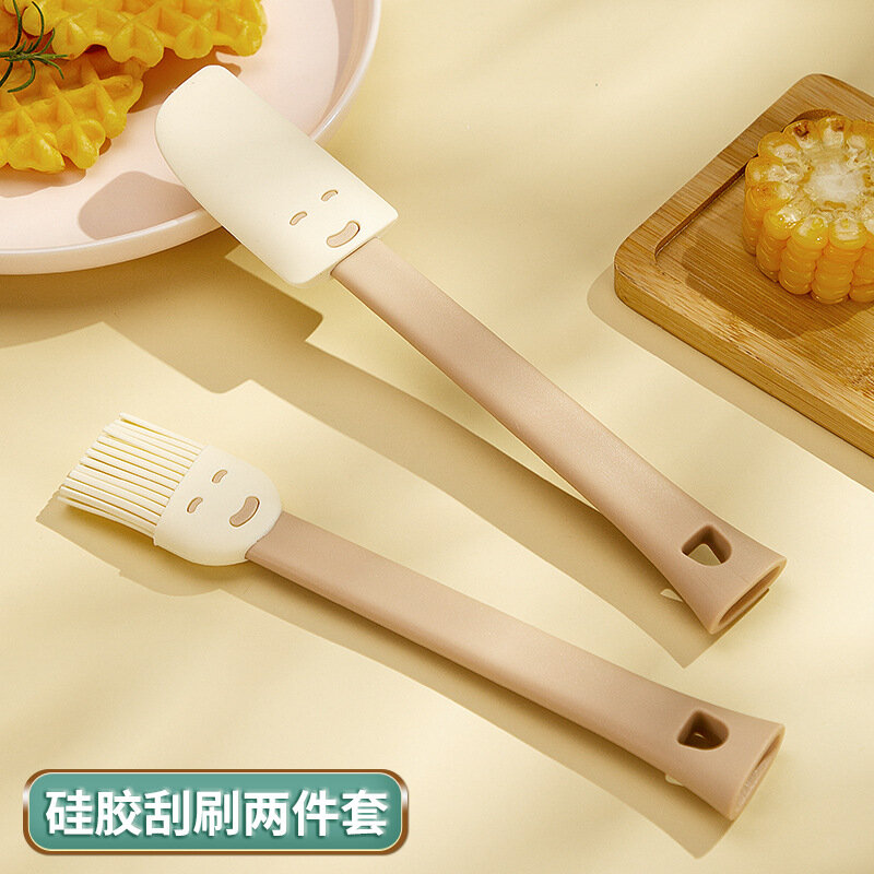 Лопатка для крема с улыбкой, силиконовый скребок с подставкой и кисточка для масла, набор из двух предметов, инструменты для домашней выпечки, лопатка для крема и кисточка.