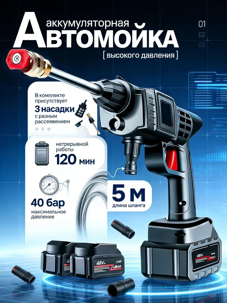 Мойка высокого давления аккумуляторная для автомобиля, для автомобиля, в кейсе 2 аккумулятора