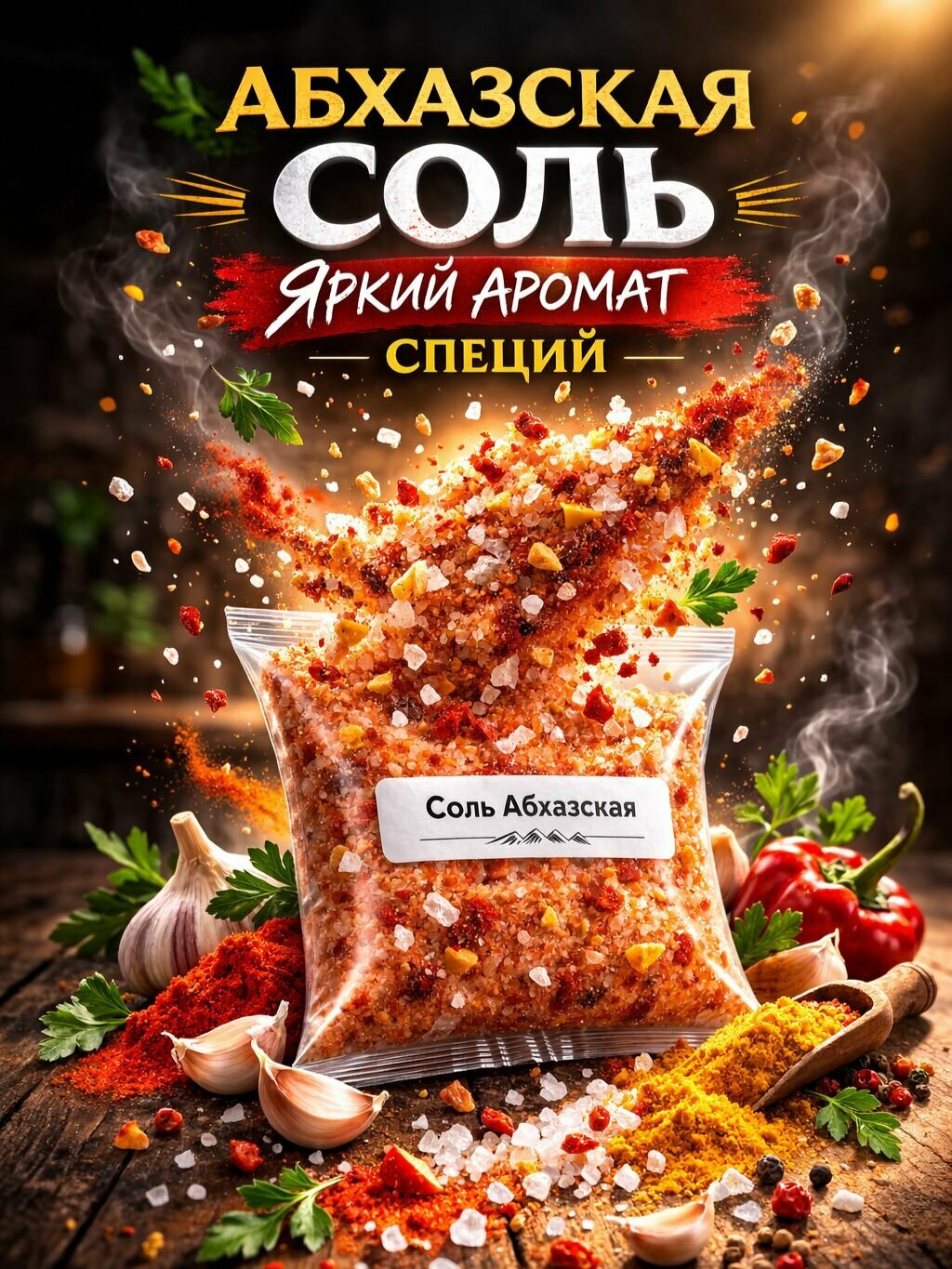 Абхазская соль 100 г вкусная соль с чесноком, паприкой и куркумой для шашлыка и маринада