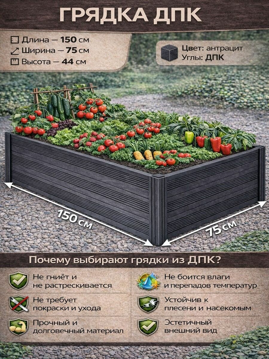 Грядка из ДПК антрацит Патио 3 (Высокая) 44х150х75 см. Углы и борта из ДПК