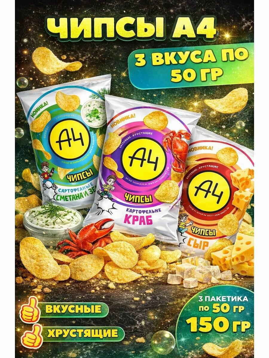 Чипсы А4 "3 вкуса", картофельные, сыр, сметана зелень, краб, без ГМО, коробка, 150 г
