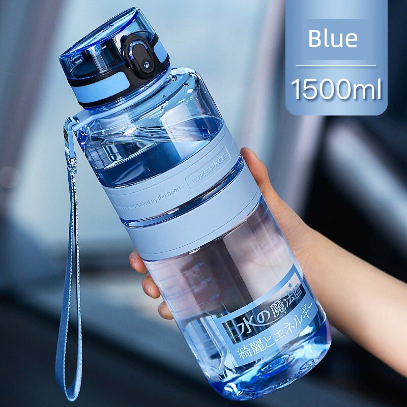 Спортивная водяная бутылка для женщин, синяя, 1500 мл, герметичная, незаменимая для фитнеса и поездок
