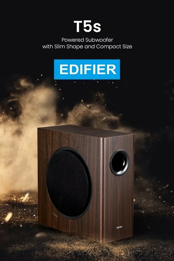 Новая модель 2025 Активный сабвуфер Edifier T5s, 70Вт, 8" НЧ-динамик, фазоинвертор, деревянный корпус, RCA/LFE вход