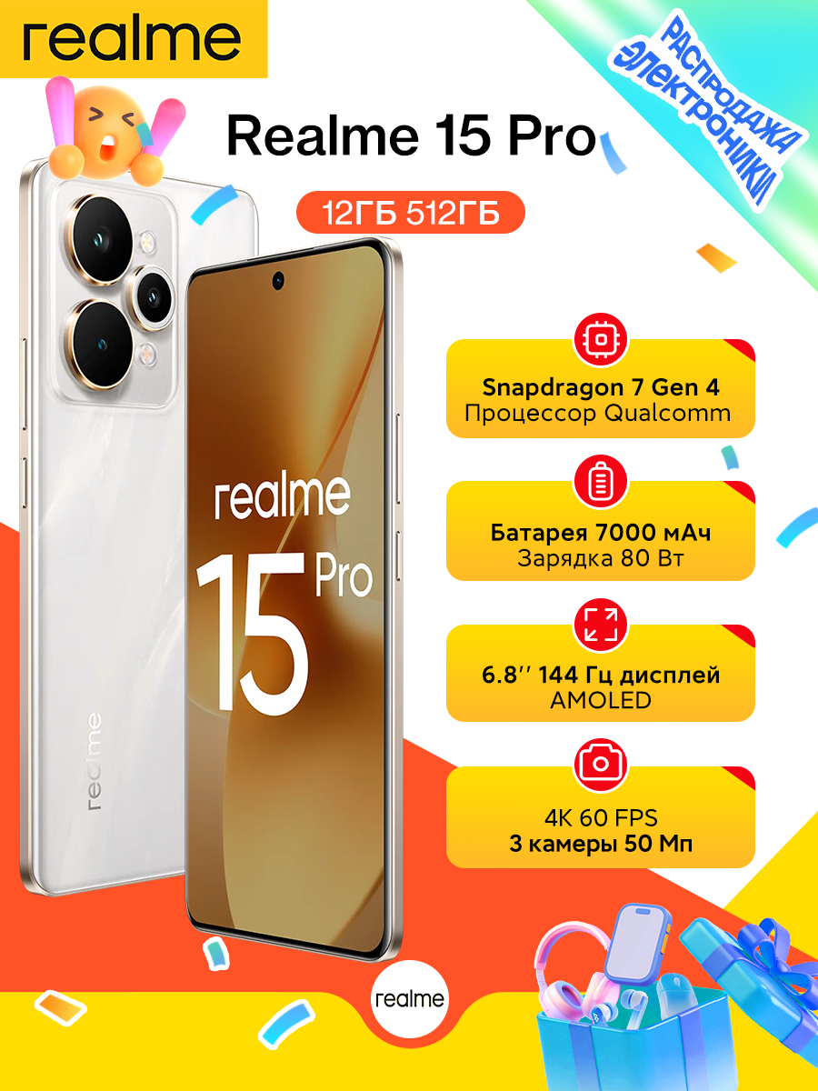 Realme Смартфон realme 15 Pro 5G NFC, Snapdragon 7 Gen 4, батарея 7000 мАч 80 Вт, 144Гц Экран IP69, 12/512 ГБ, Серебро