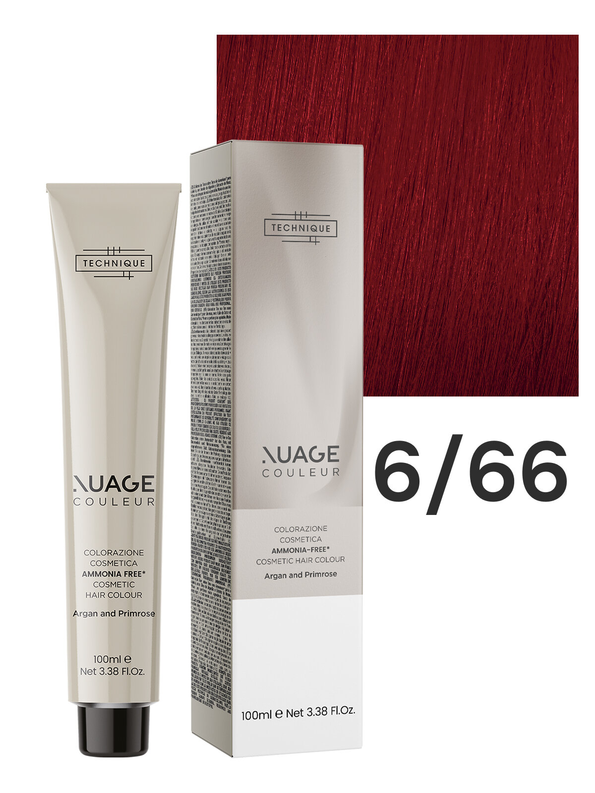 Крем - краска для волос профессиональная без аммиака Technique Nuage Ammonia Free Hair Color Cream 6.66 Темный русый Интенсивный красный, 100 мл