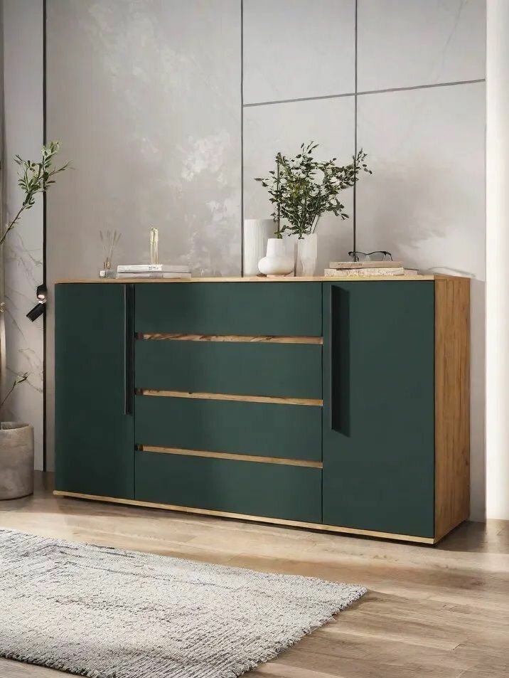 Комод с ящиками для одежды и вещей Норд высокий, под большой телевизор, в прихожую стиле лофт, 160х45х90 см, Дуб крафт/Изумрудный