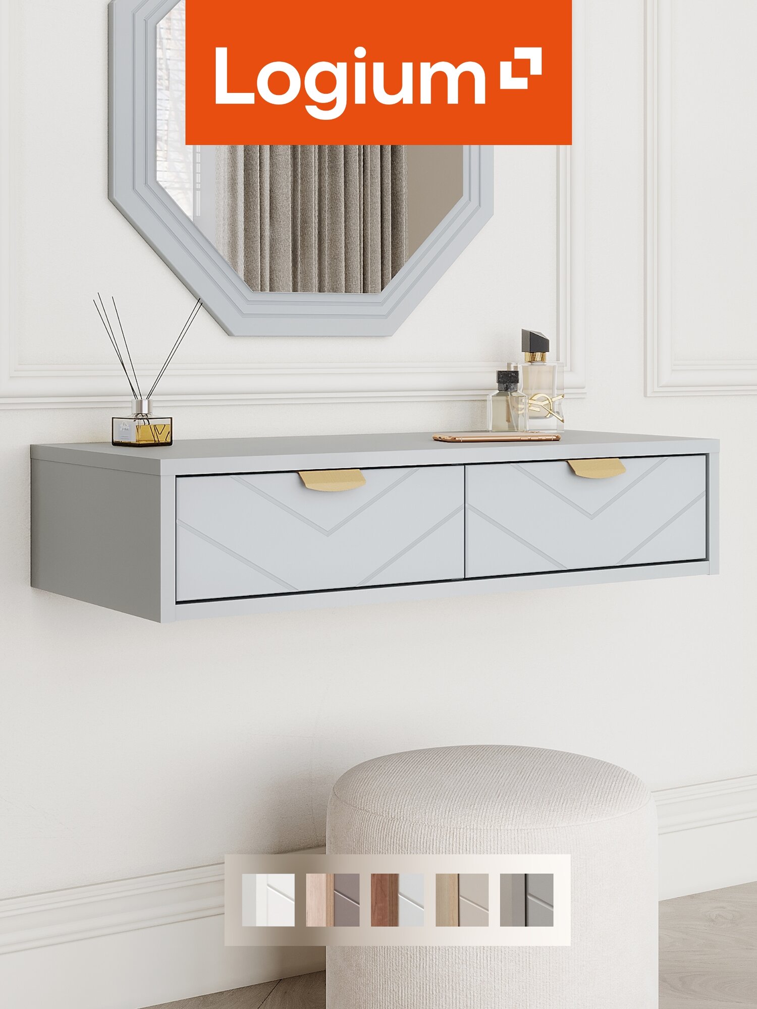 Туалетный столик подвесной LOGIUM Венеция 16.155.02 Шиншилла серая, серый опал софт, 75 см х 34 см х 16 см,