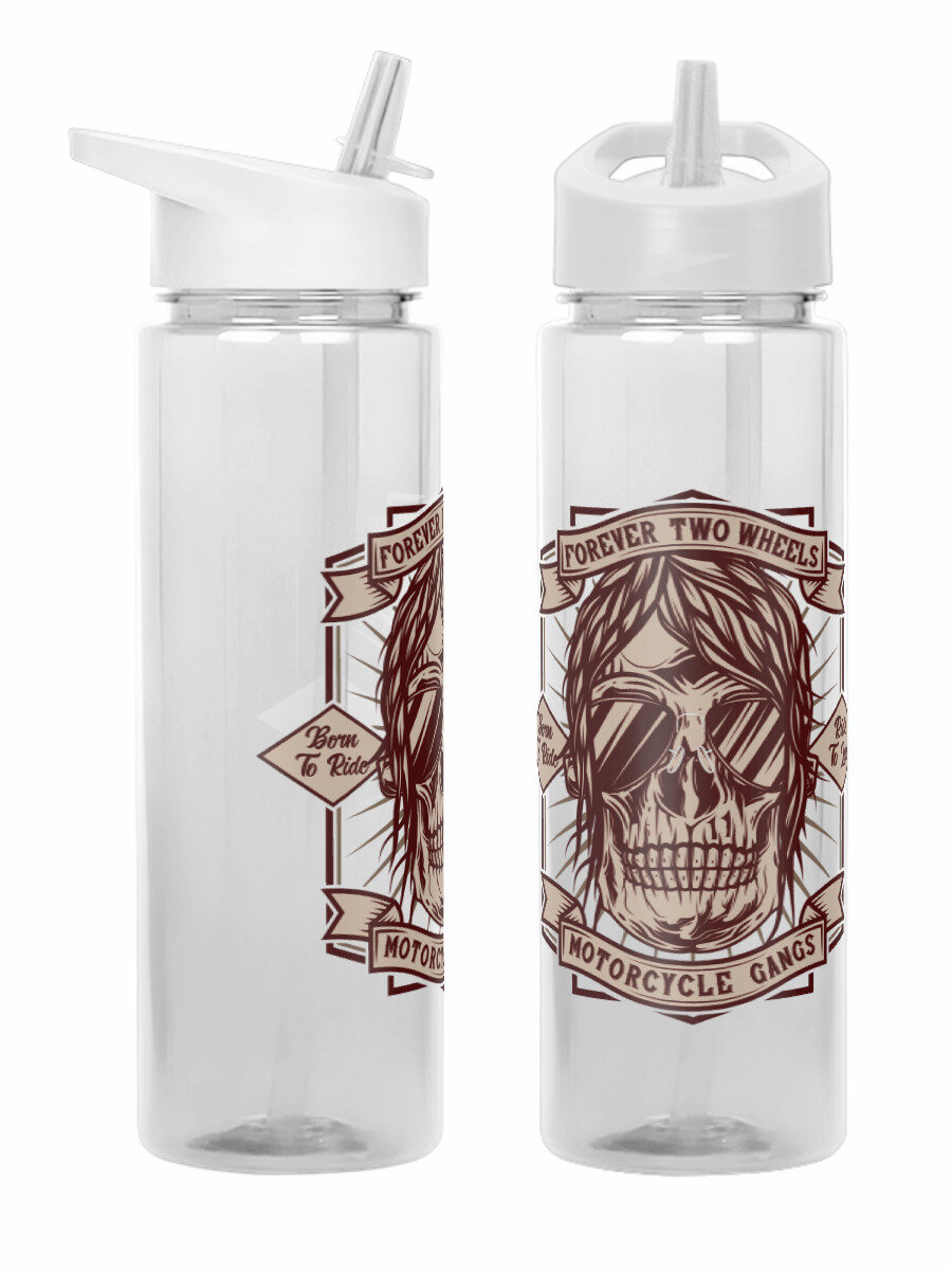 Бутылка белая для воды с принтом Череп байкер в очках. Скелет, мотоцикл