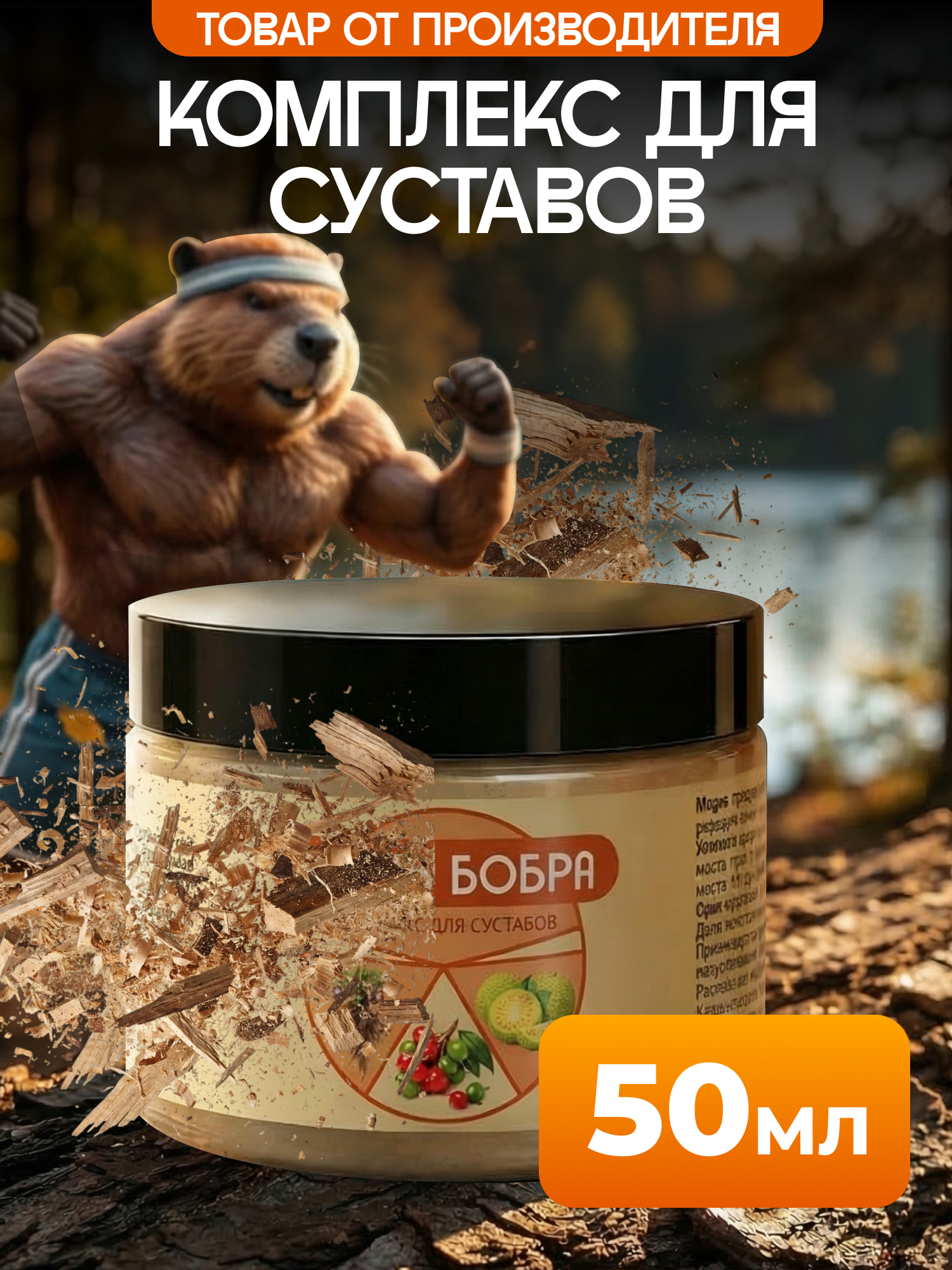 Мощь бобра, мазь для суставов: снимает боль, отёки и скованность, банка 50 мл