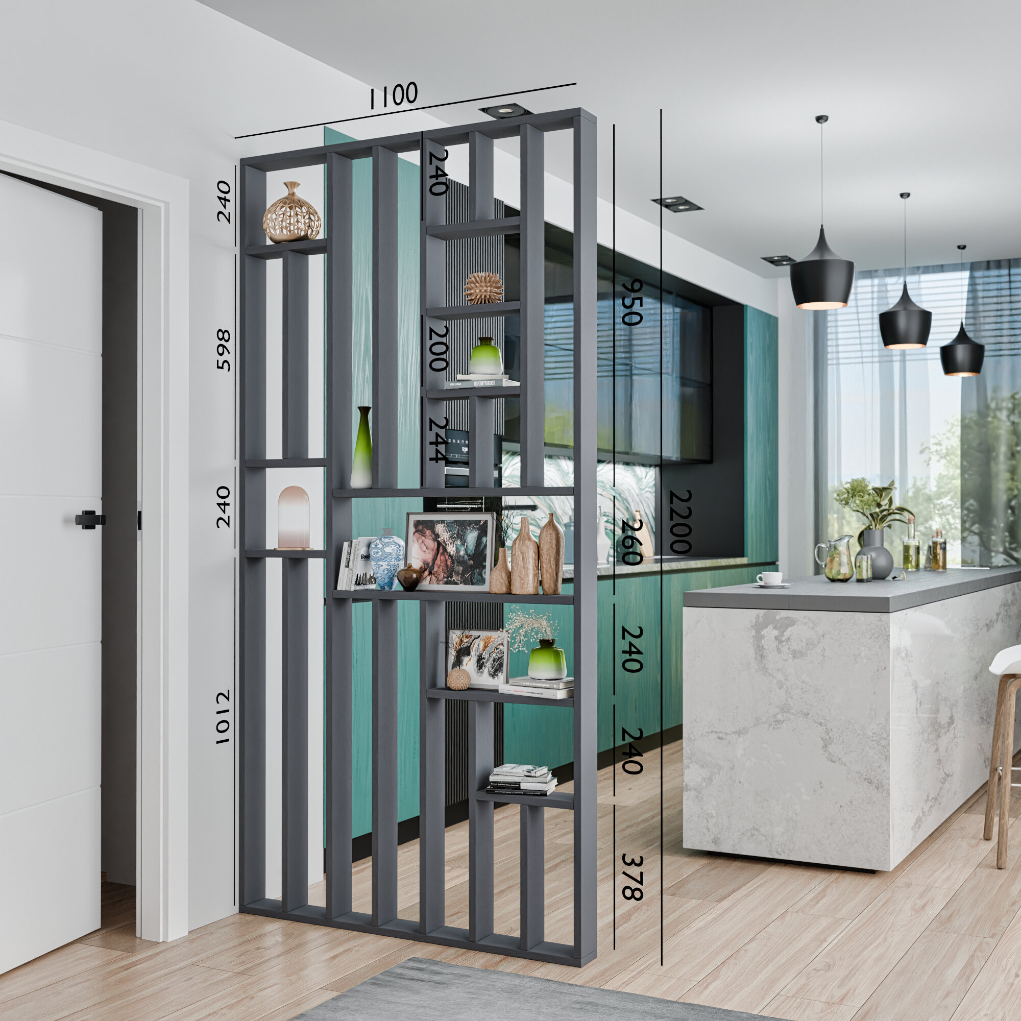 Реечная перегородка для зонирования пространства 1100 мм, Графит