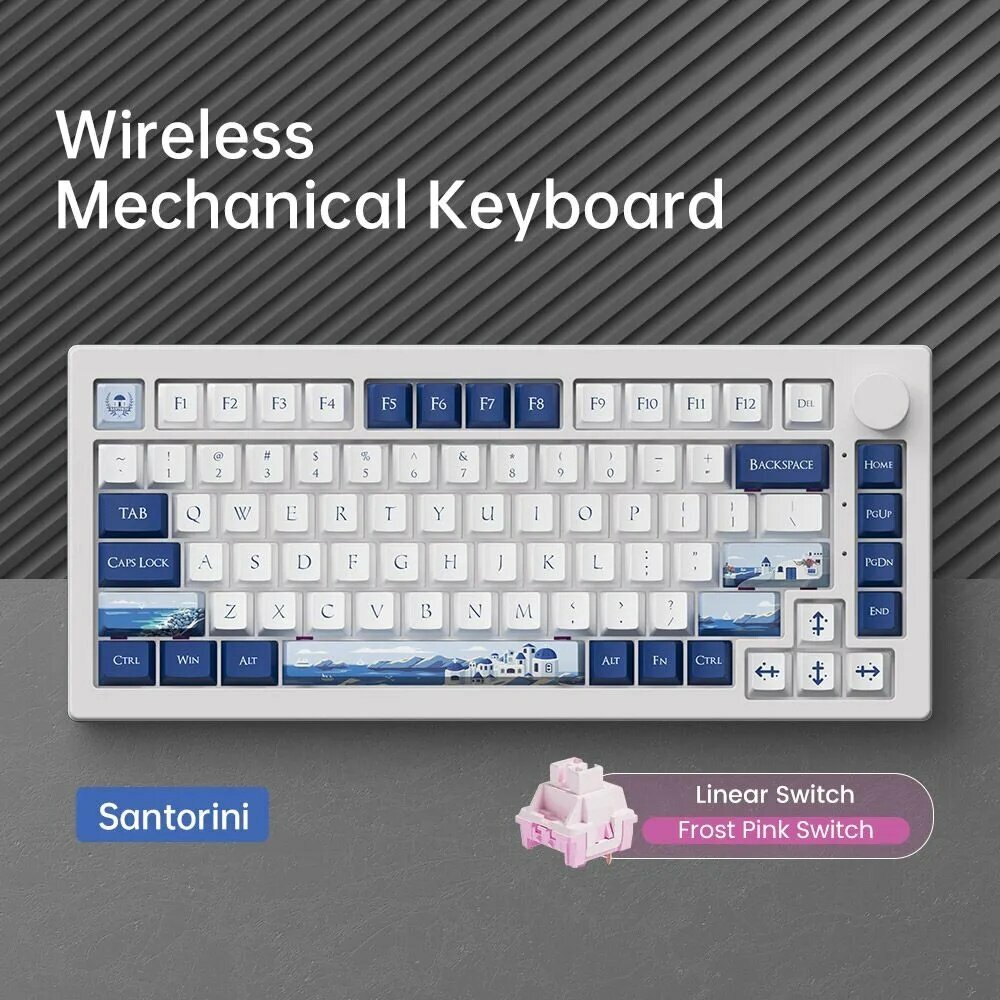 AKKO Игровая клавиатура беспроводная Трехрежимная механическая клавиатура Akko 5075 V3 Santorini RGB original с 82 клавишами и возможностью горячей замены в US, (Akko Frost Pink), Английская раскладка, лазурный, белый