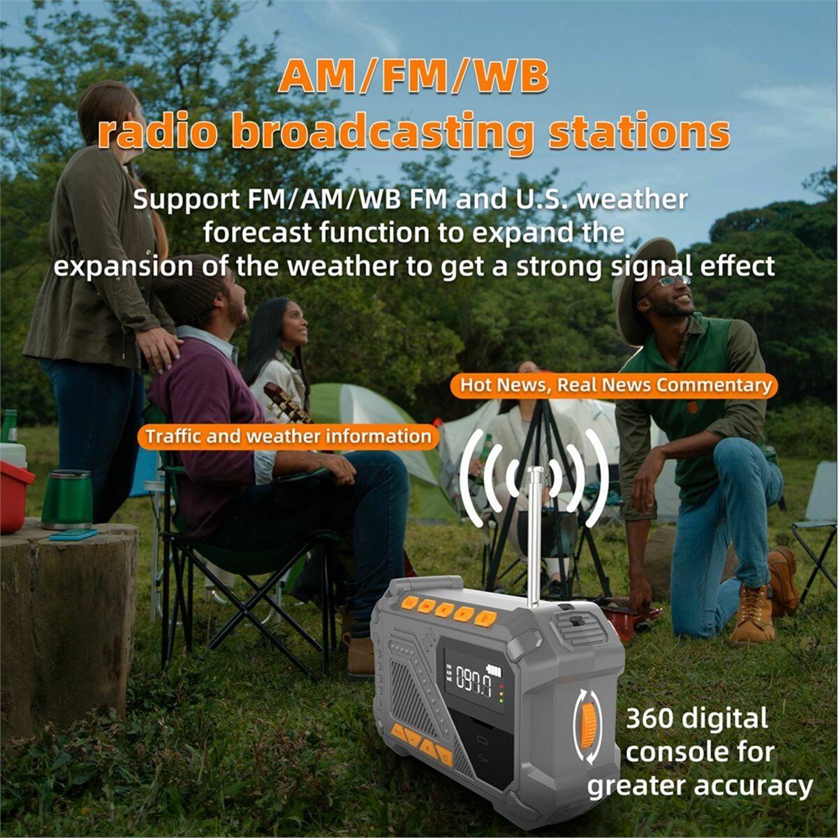 Аварийный ручной радиоприёмник с ручным управлением и сигналом SOS, светодиодный фонарик AM/FM/для улицы и помещений, чёрный