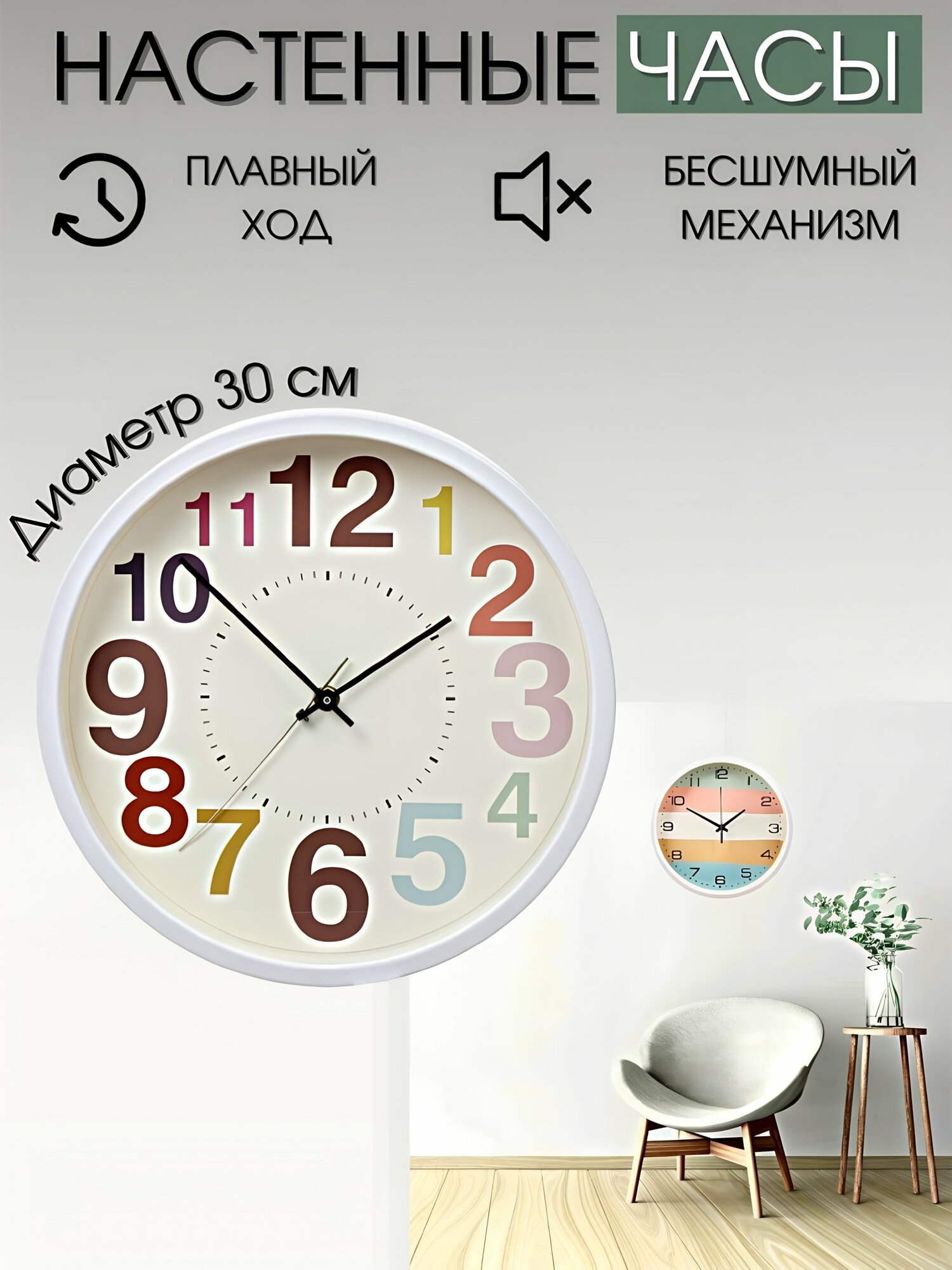 Часы настенные кварцевые 30 см бесшумные плавный ход круглые пластик стекло декор для кухни гостиной Y6-6084/A250021