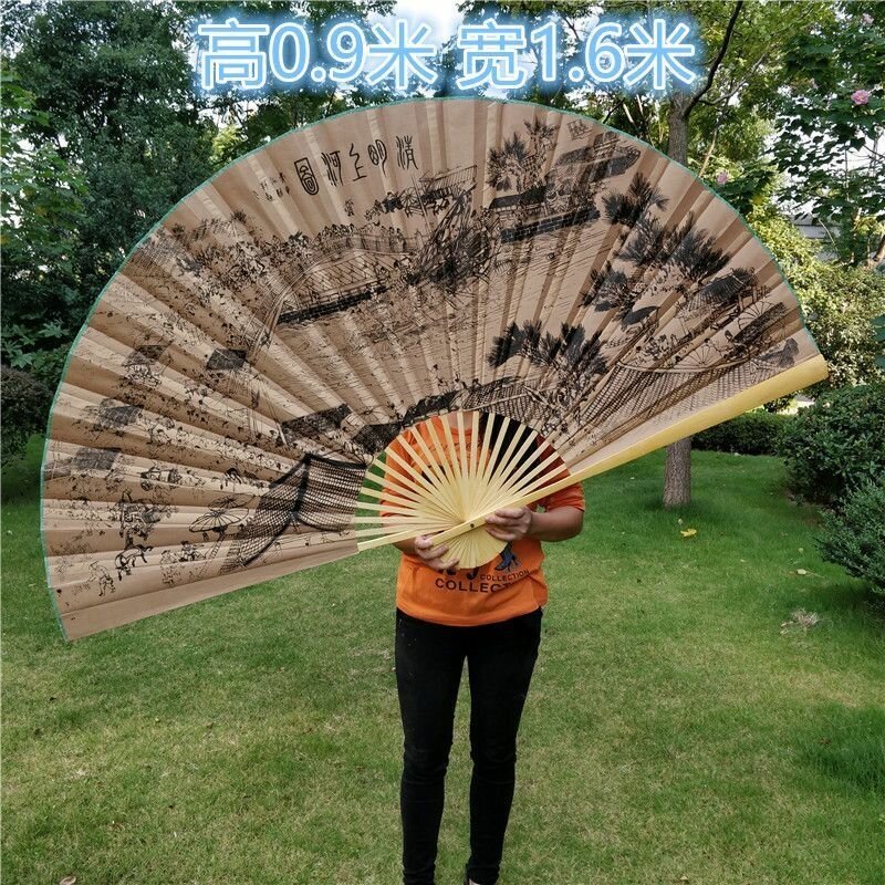 Китайский большой веер на стену / сакура на голубом фоне / бамбук, шелк