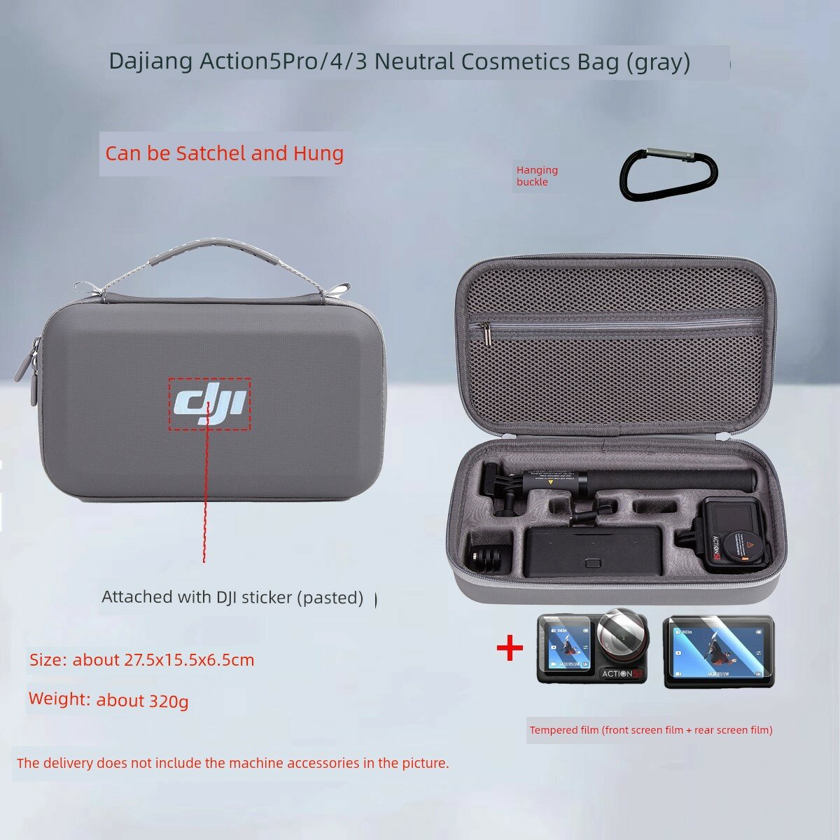 Компактный чехол DJI Action 5 Pro с защитной крышкой и 2 стеклами без ремешка серый цвет