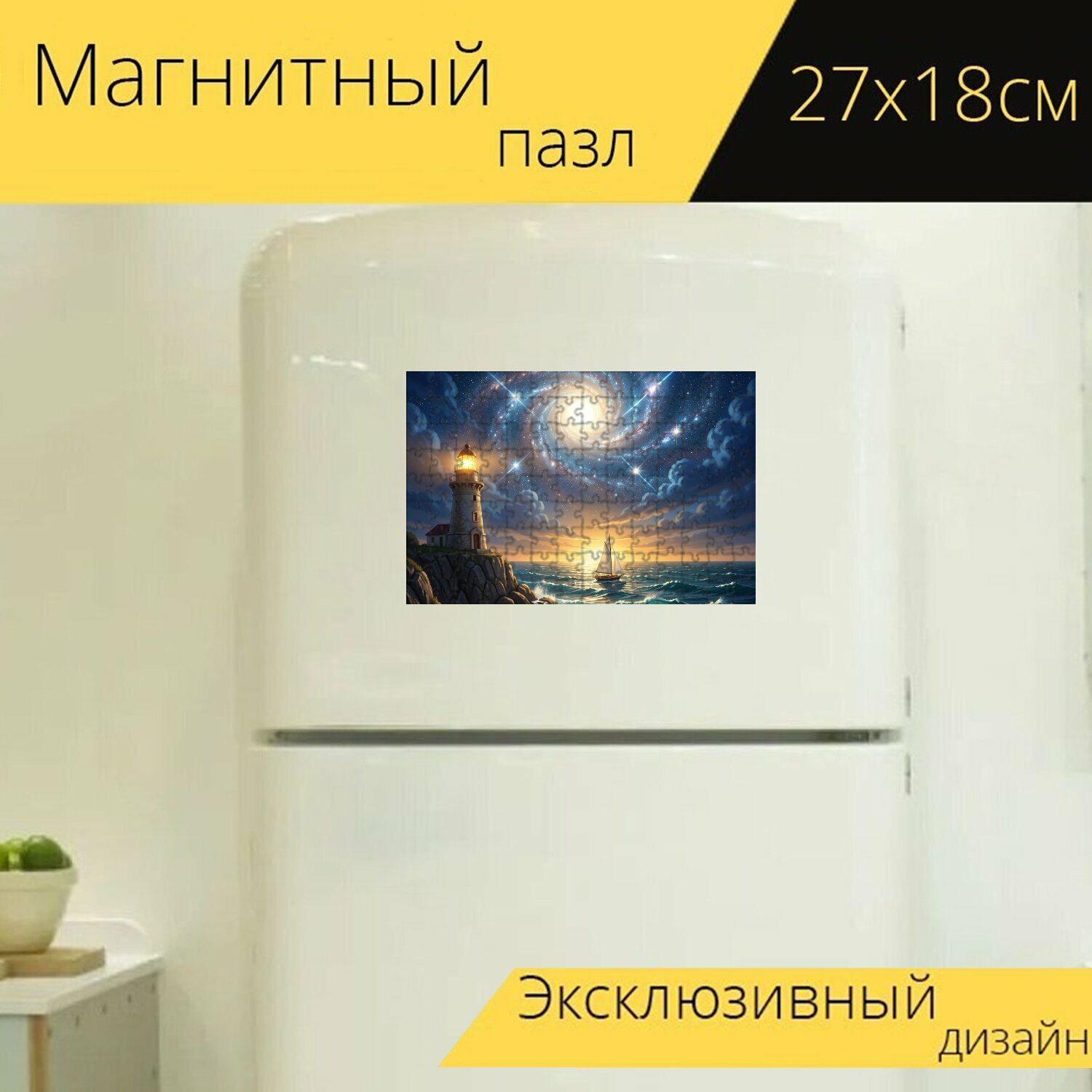 Магнитный пазл "Маяк, море и галактика. Фантазийный морской пейзаж с одиноким светилом на скале, парусником и волнами на закате. В небе сияет спиральная." на холодильник 27 x 18 см.