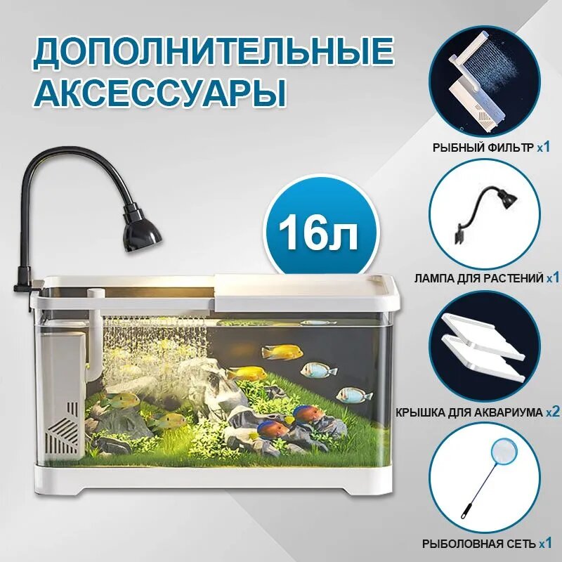 Аквариум для рыбок 16л с подсветкой, фильтром, крышками и сеткой