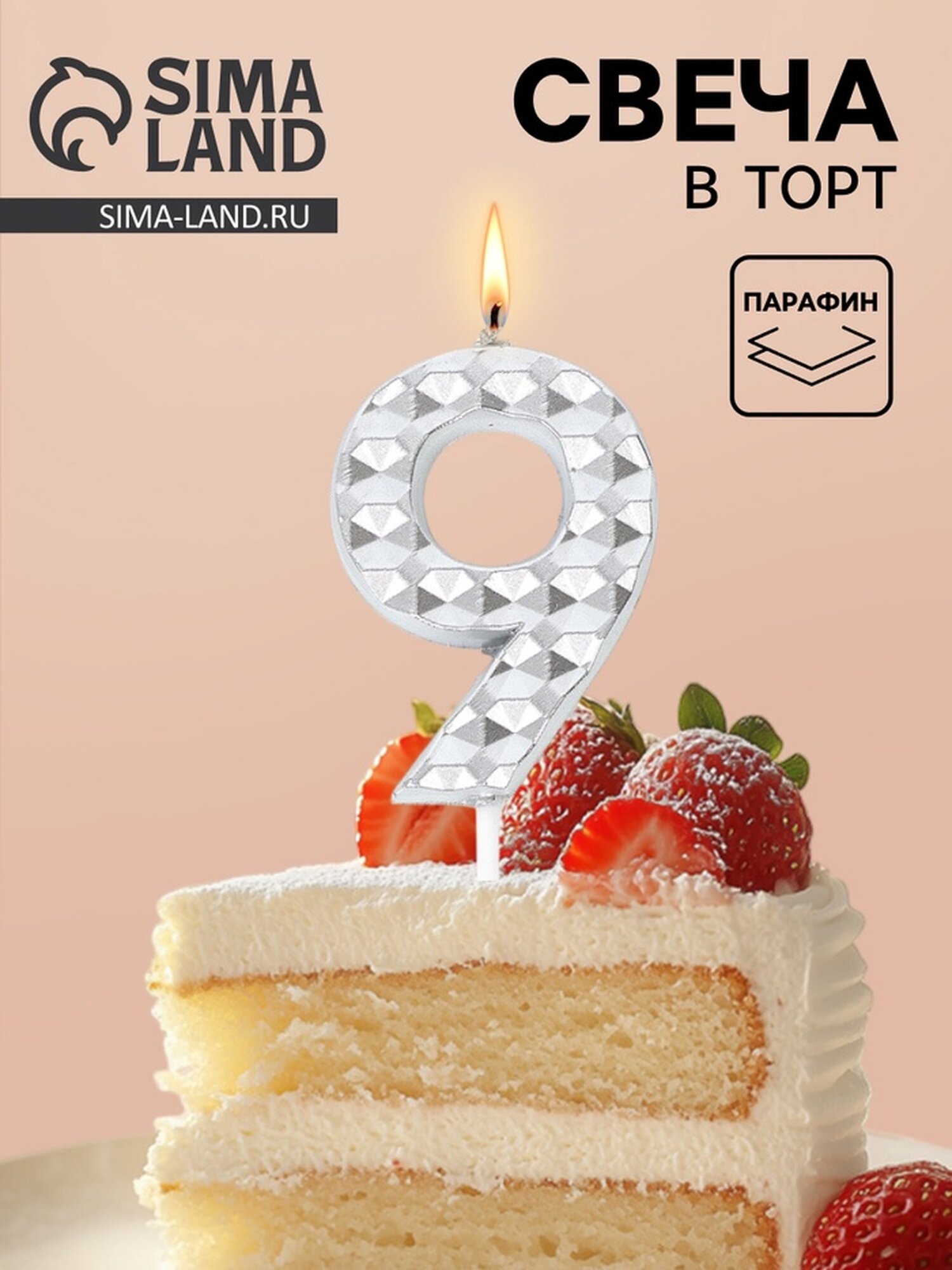 Свеча для торта «Элемент», цифра "9", цвет серебро, 10959815