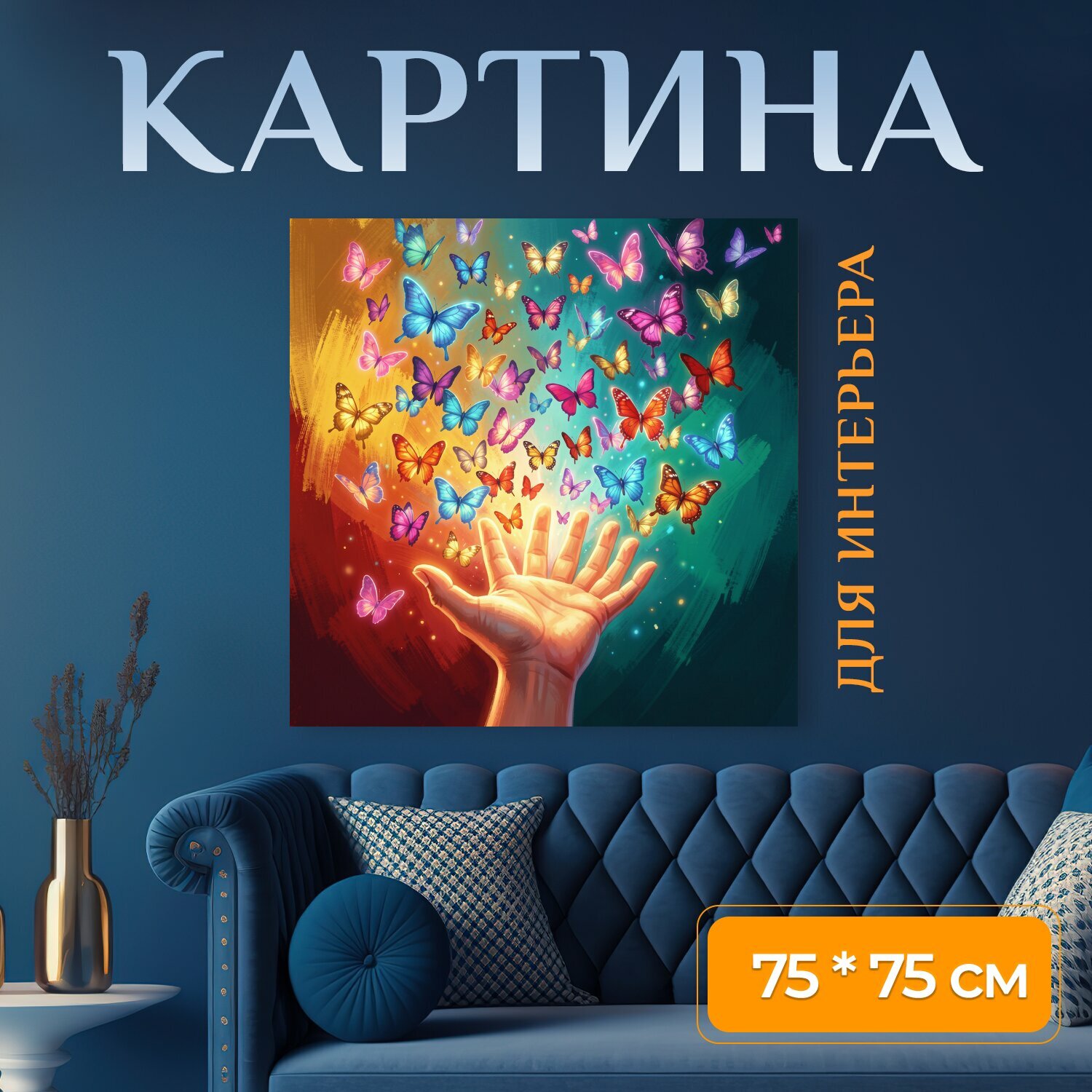 Картина на холсте "Ладонь с парящими бабочками. Яркая фантазийная сцена: раскрытая рука выпускает в воздух множество разноцветных крылатых." на подрамнике 75х75 см. для интерьера