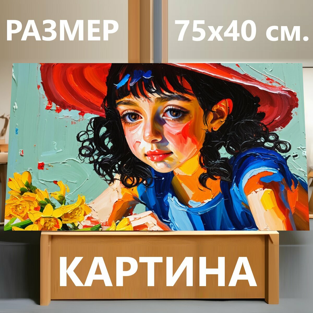 Картина на холсте "Картина в смешанной технике, живопись крупными и узкими мазками, яркими цветами, Девушка в красной шляпе и с кудрявыми." на подрамнике 75х40 см. для интерьера