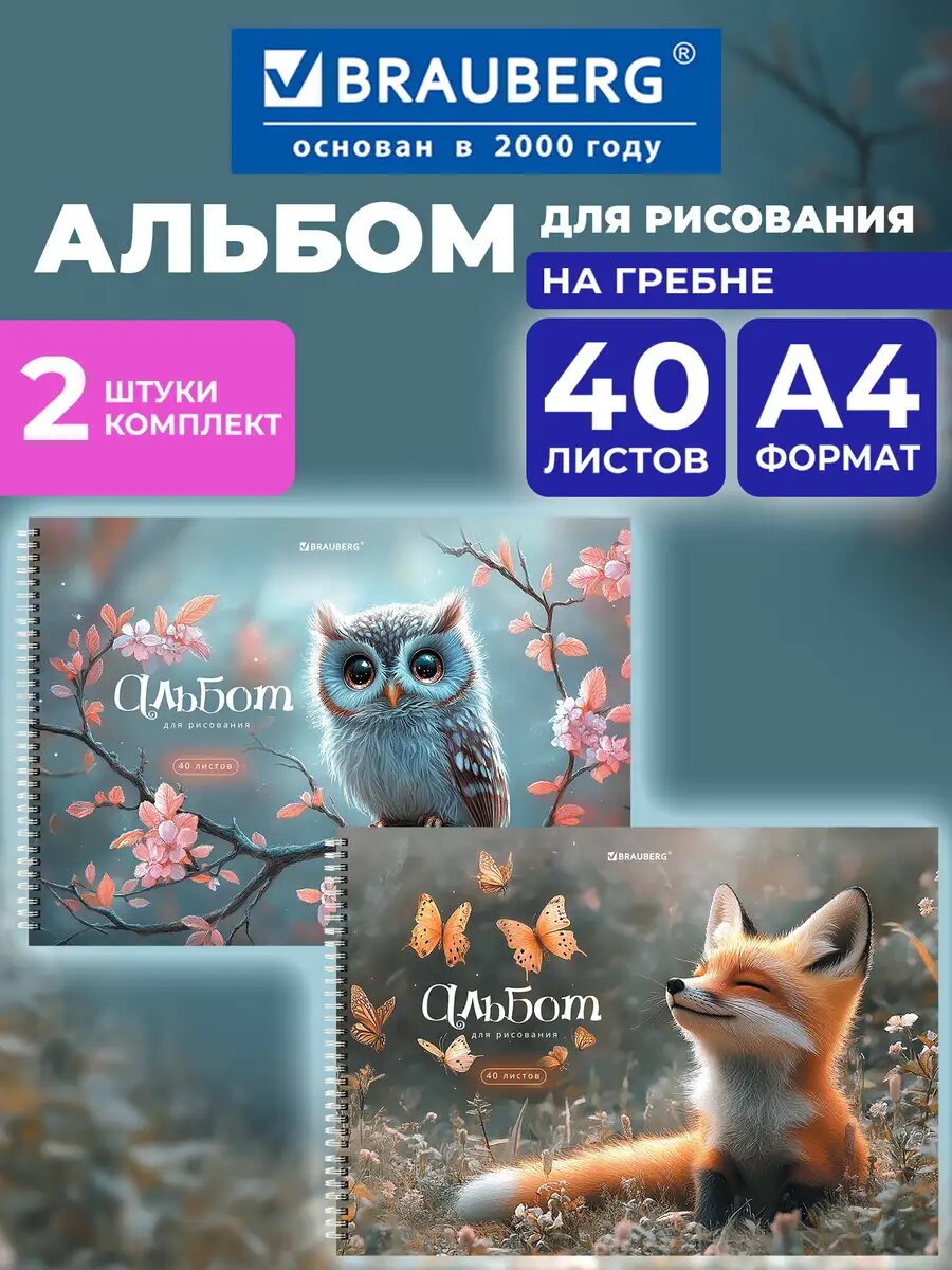 Альбом для рисования в школу А4 40 листов на спирали, набор 2 штуки, обложка картон, Brauberg Лесные друзья, 107746