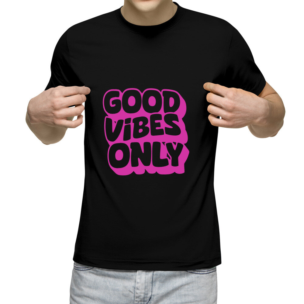 Мужская футболка «GOOD VIBES ONLY розовый объёмный шрифт» (черный, M)