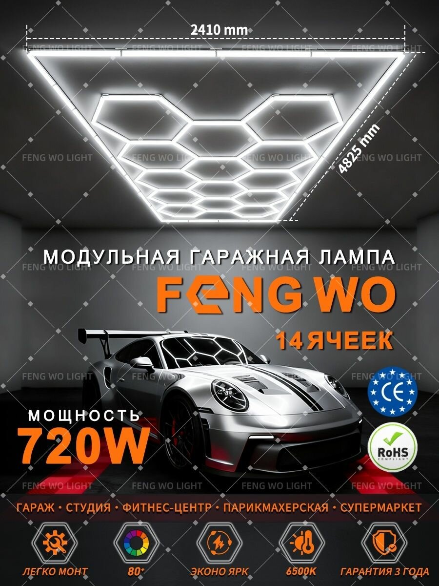 Светодиодное освещение для гаража/автосервиса LED Workshop, панель соты 7000К/720W размер