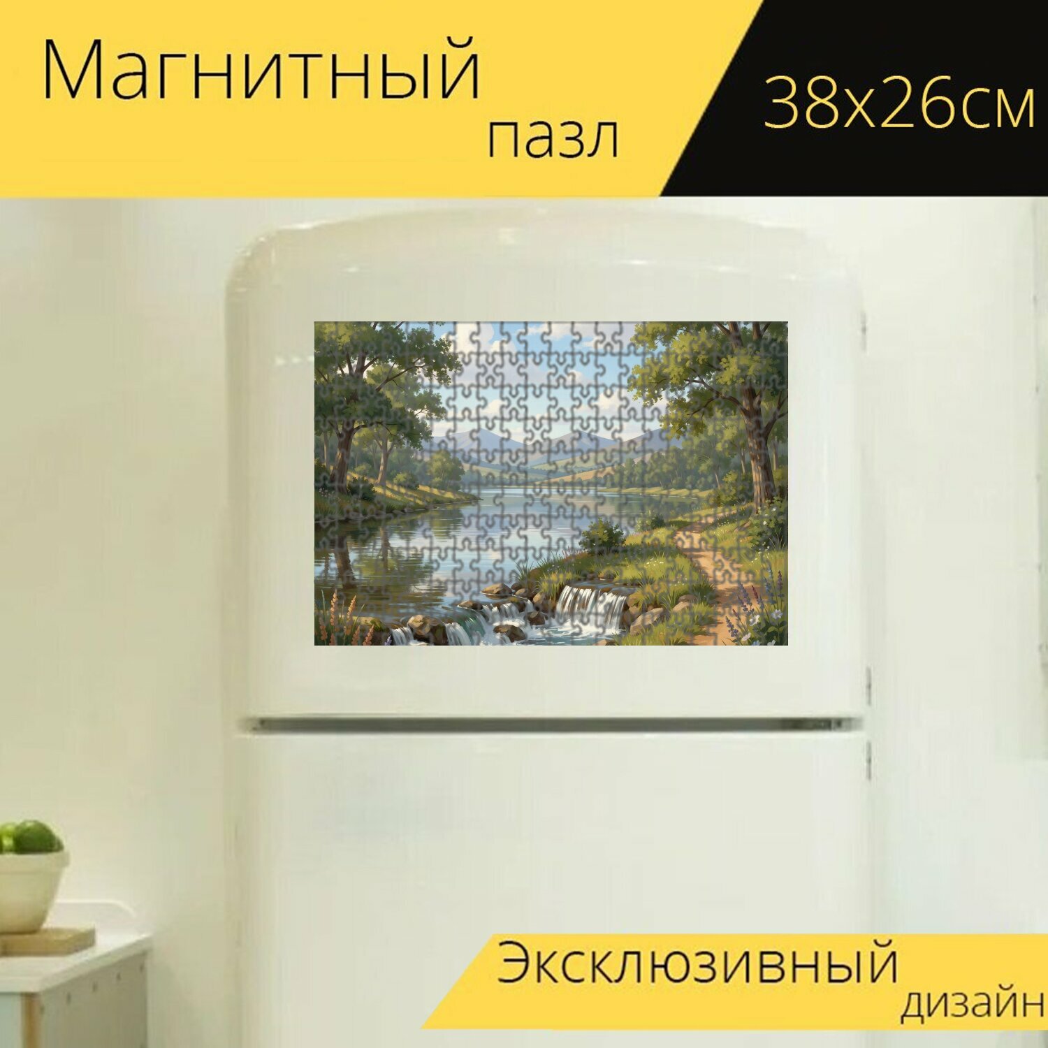 Магнитный пазл "Речная долина с водопадом. Живописная летняя природа с тихой водой, зелёными деревьями, цветущим берегом и мягкими горами вдали. Светлая." для интерьера, 38х26 см.