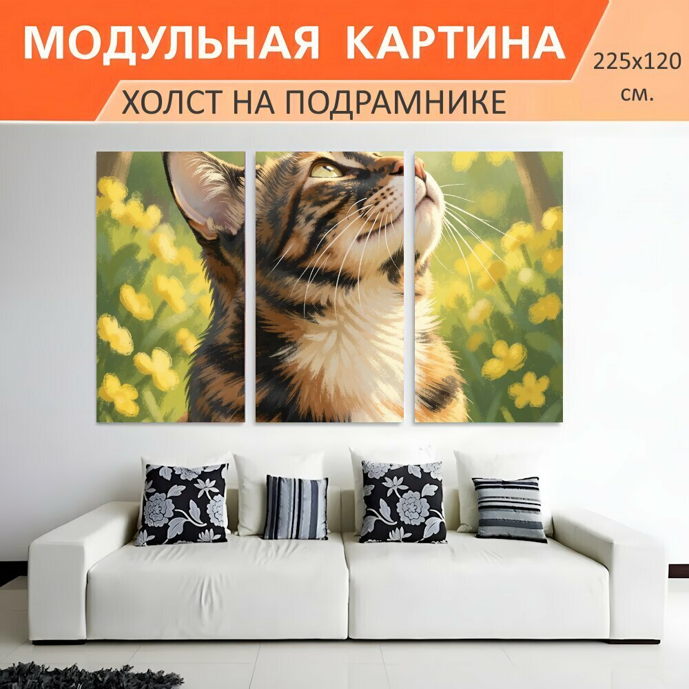 Модульная картина на холсте "Кошка в солнечном саду. Листopазная иллюстрация с полосатым питомцем, смотрящим вверх среди жёлтых." триптих на подрамнике 225х120 см. для интерьера
