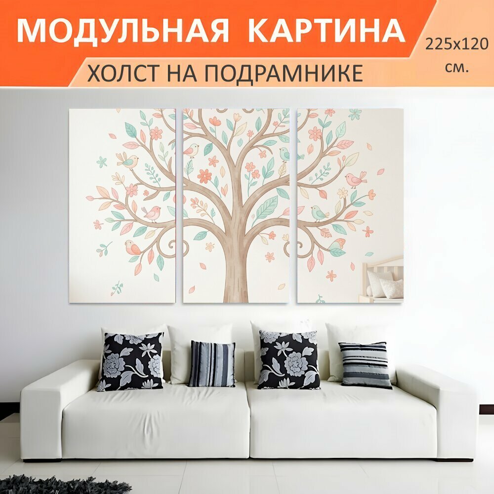 Модульная картина на холсте "Сказочное дерево с птицами. Нежная интерьерная иллюстрация: раскидистое дерево с изящными ветвями." триптих на подрамнике 225х120 см. для интерьера