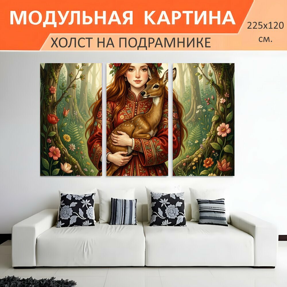 Модульная картина на холсте "Девушка с оленёнком в лесу. Сказочная славянская красавица в красном вышитом наряде с цветочным венком." триптих на подрамнике 225х120 см. для интерьера