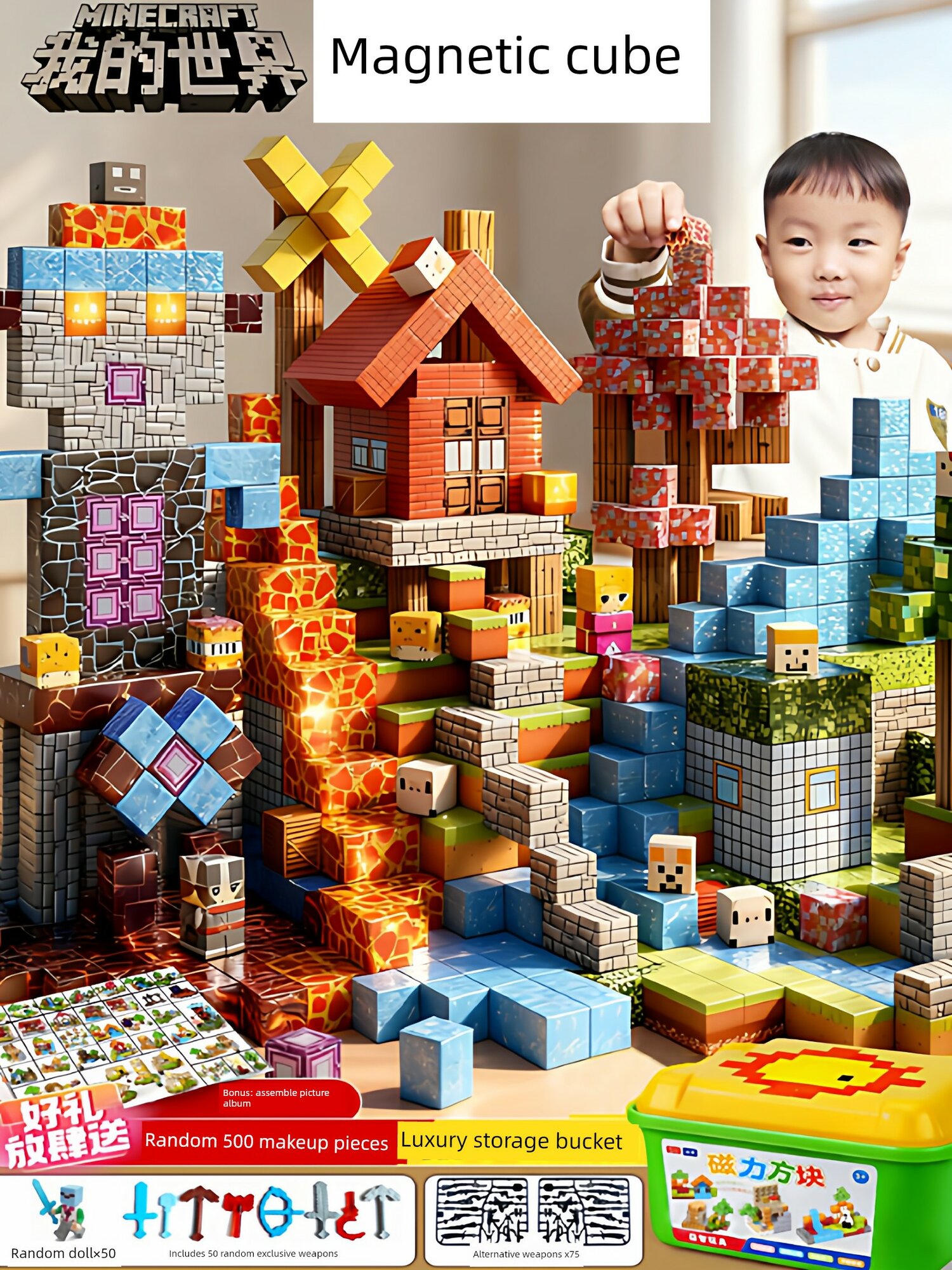 Набор магнитных строительных блоков Minecraft для детей 4-5 лет: 675 деталей с 500 случайными элементами, 50 фигурками,