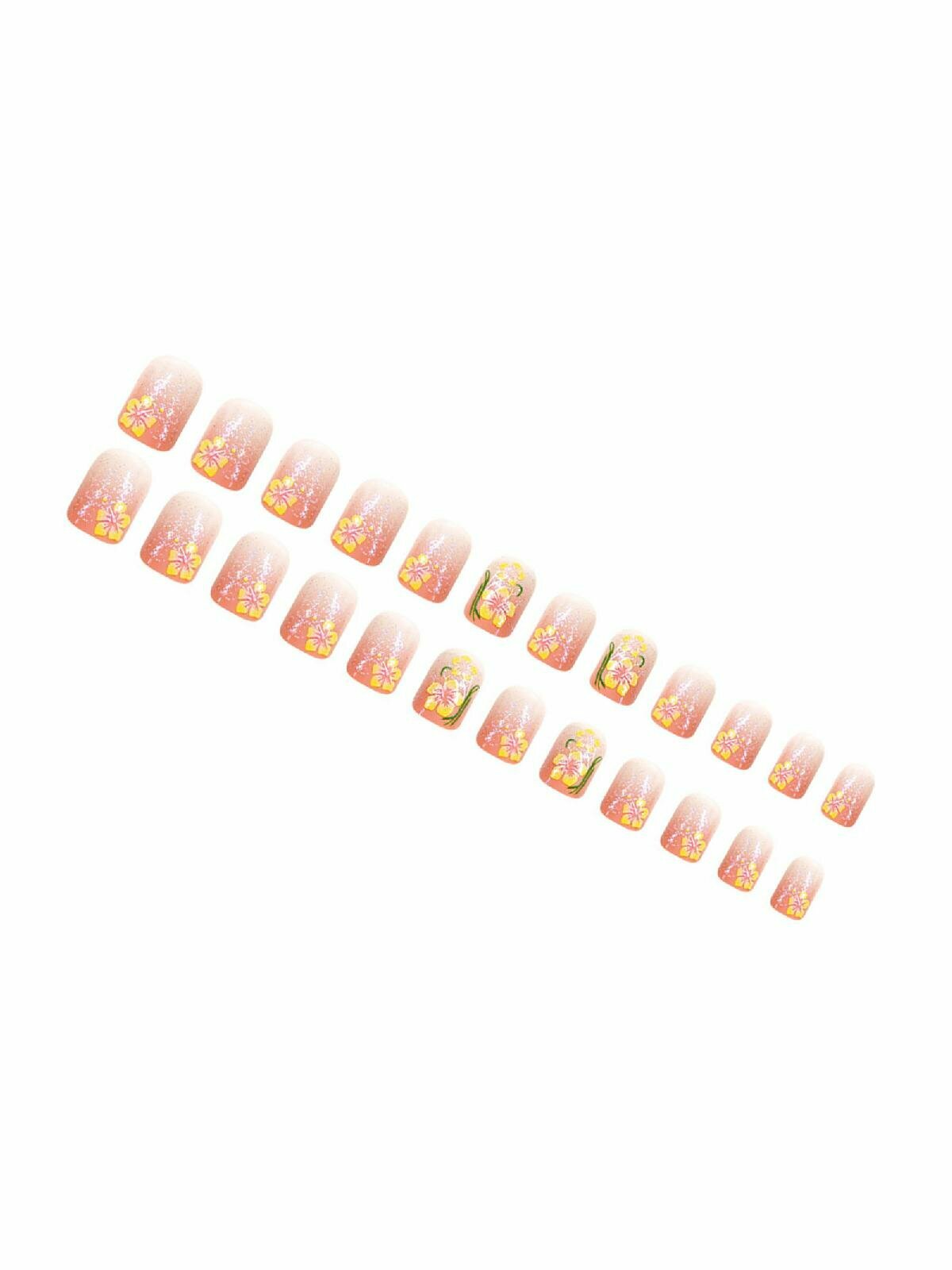 Artificial Nail Spring Summer Gradient Shimmering Flower Short Press On Nail