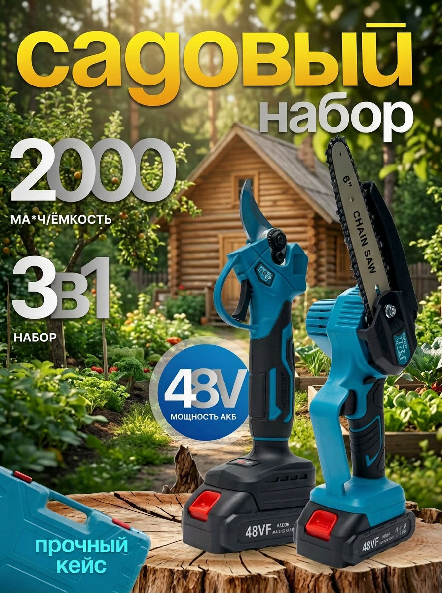 Секатор и пила со штангой, Высоторез аккумуляторный, Набор 3 в 1