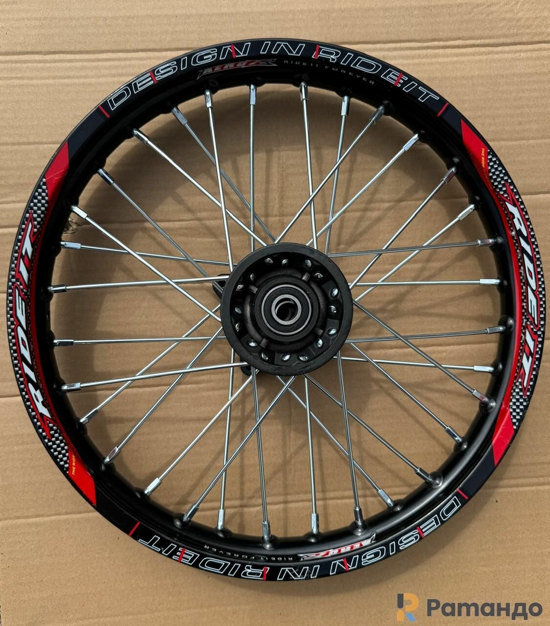 Передний обод (диск в сборе) для питбайка 14" 1,4-R14 d15mm, алюминий — обод чёрный, ступица чёрная, спицы серые