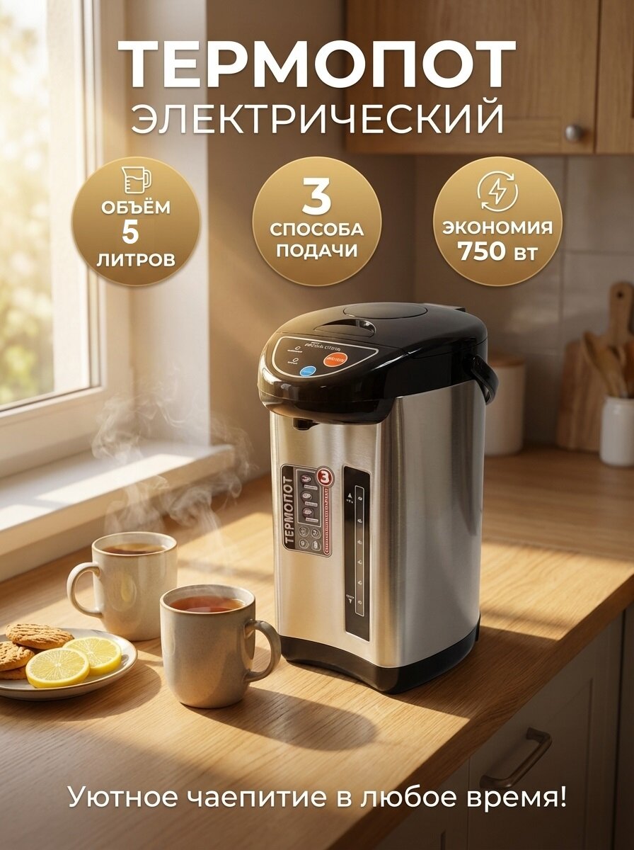 Термопот электрический 5 с поддержанием температуры насосом и помпой, термочайник 750вт, чайник термос с электронасосом