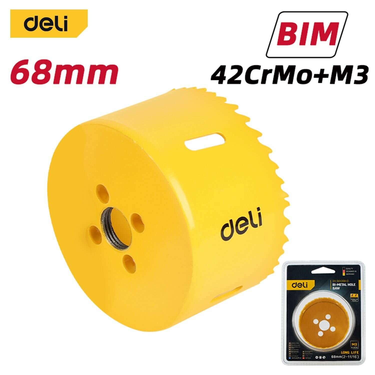 Коронка биметаллическая 68мм Deli DH-SKK068-E1 (макс глубина сверления 38мм, шаг зубьев 4-6мм, 42CrMo+M3)