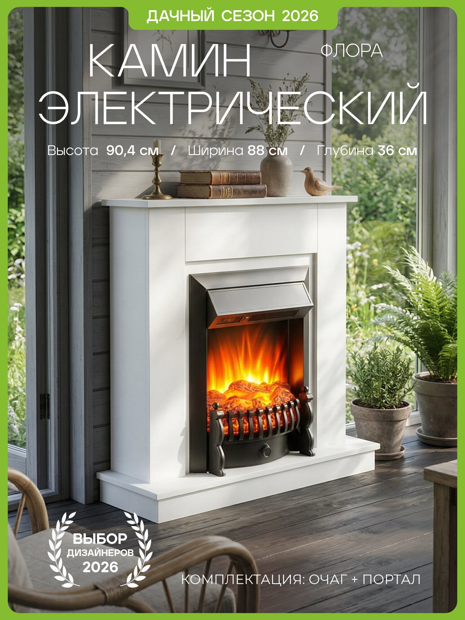 Камин электрический Fires Merlin Флора WT белый с очагом, пульт ДУ, с обогревом, напольный