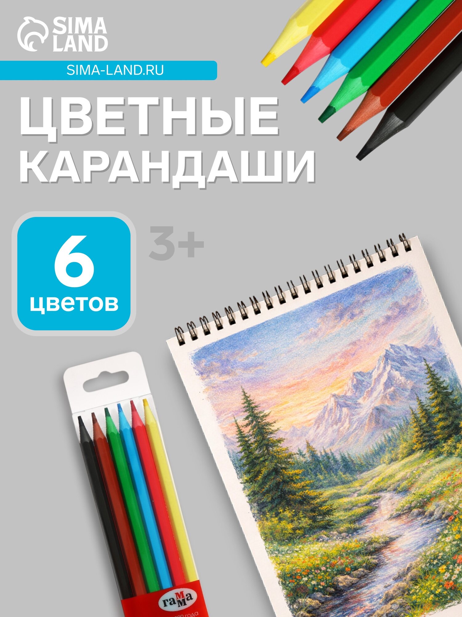 Карандаши цветные пластиковые 6 цветов «Гамма. Мультики», заточенные, ПВХ, европодвес