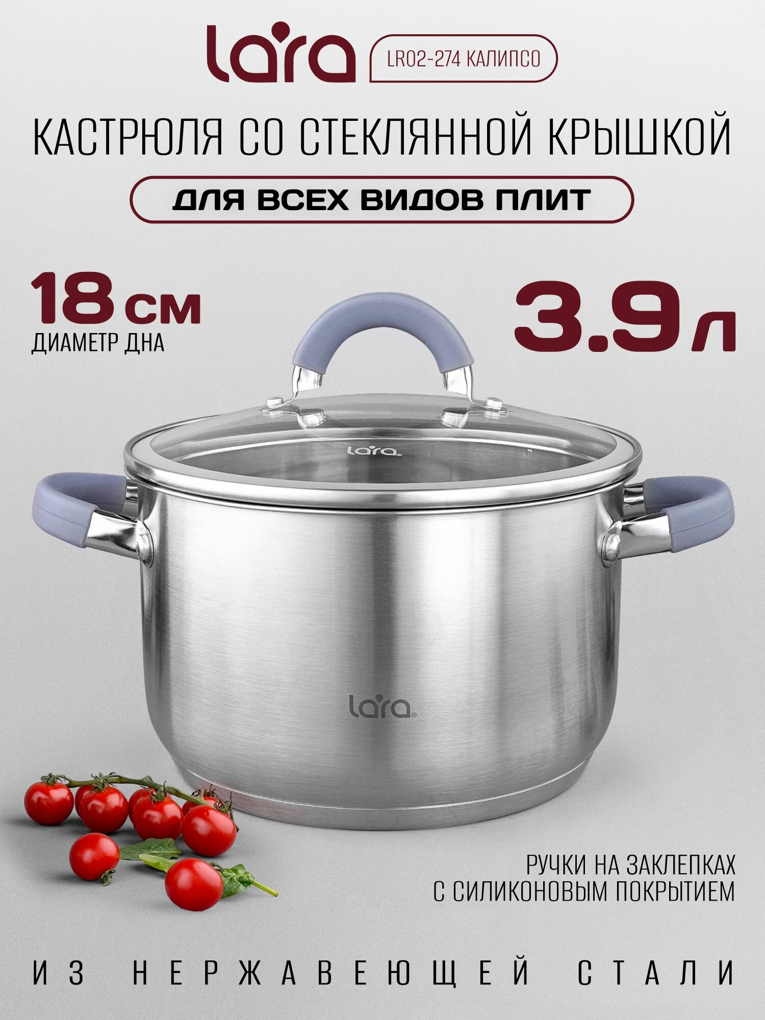Кастрюля с крышкой 3.9 л LARA Калипсо из нержавеющей стали, для всех видов плит, в т. ч. для индукционных плит LR02-274