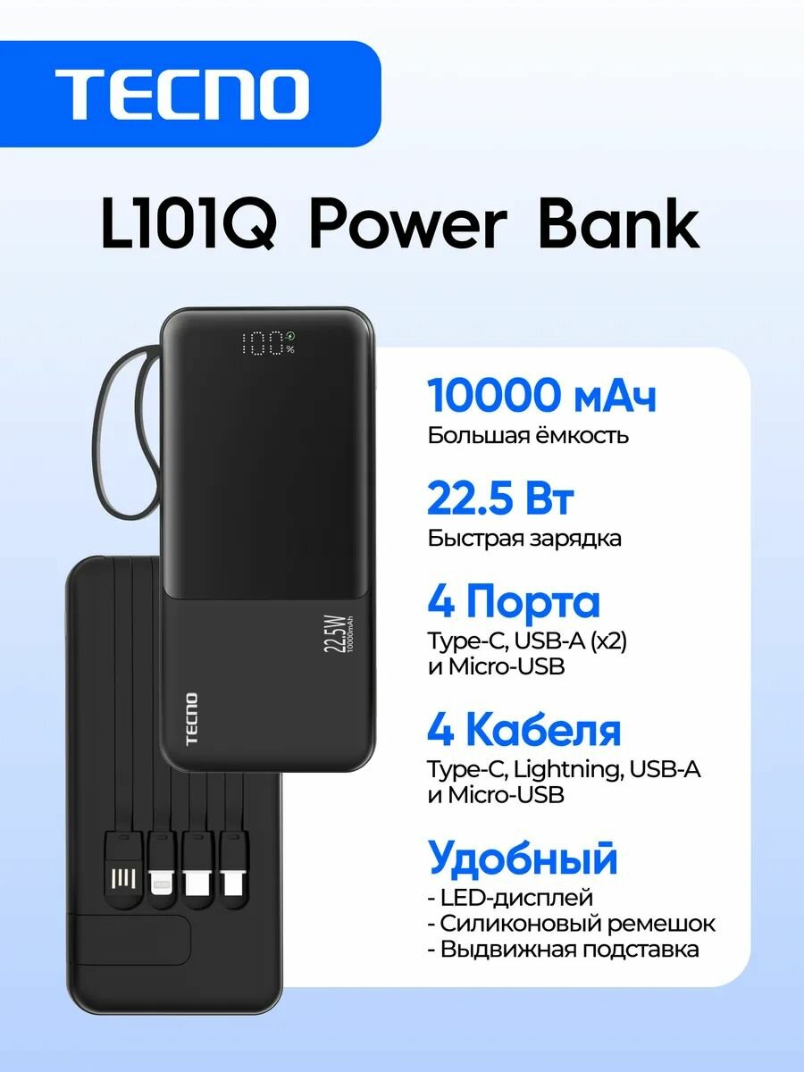 Внешний аккумулятор Power bank Повербанк OnGo L101Q, 10000mAh, черный