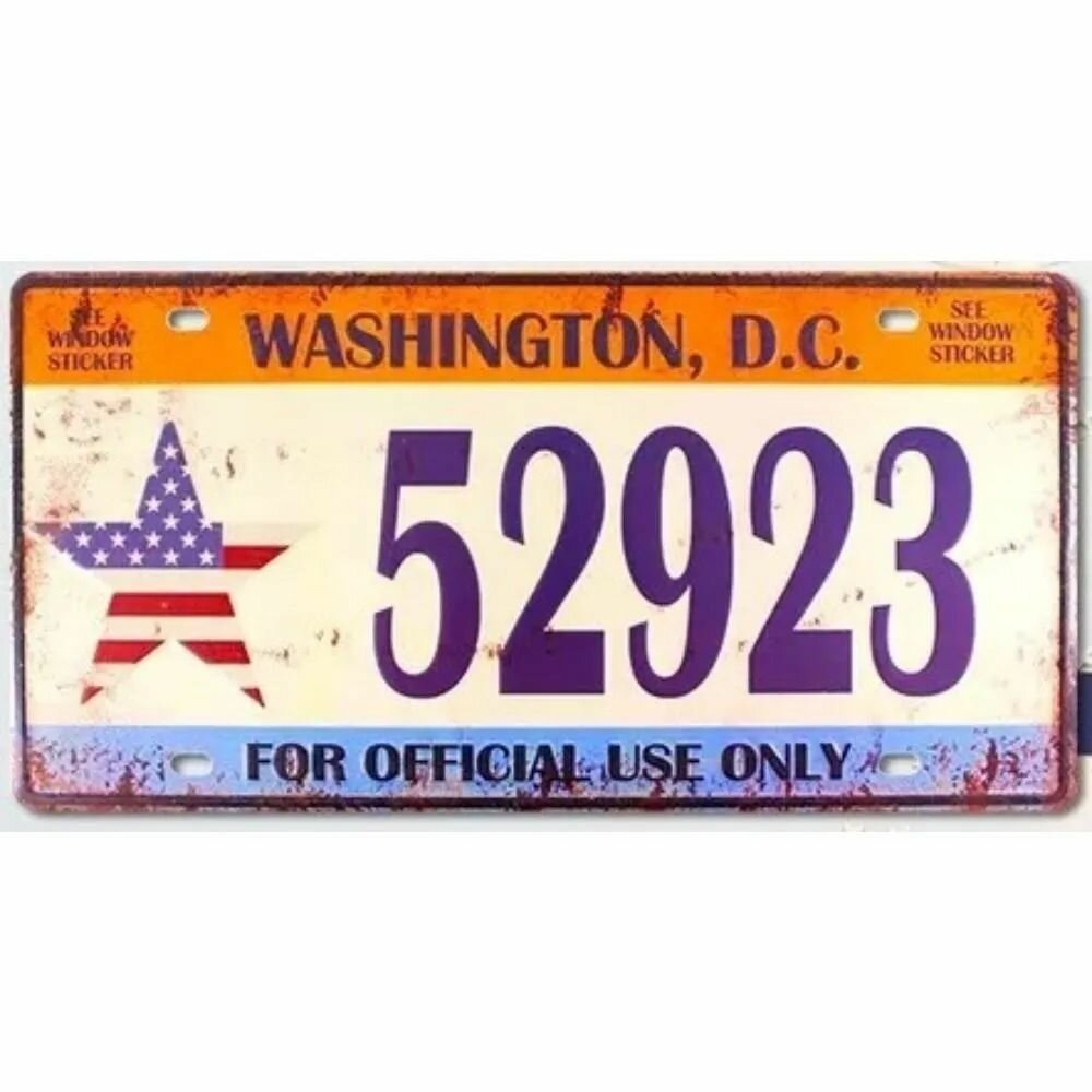 Табличка "Washington, D.C. 52923 For Official Use Only", ретро стиль, металл, декор для любителя культуры Вашингтона, 15х30 см.
