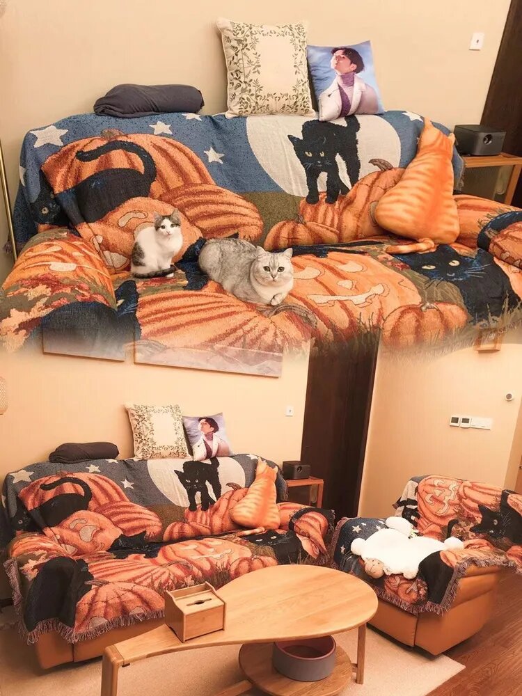 Жаккардовый плед 160x260 см с бахромой, мягкий, с рисунком кошки на кресле для гостиной
