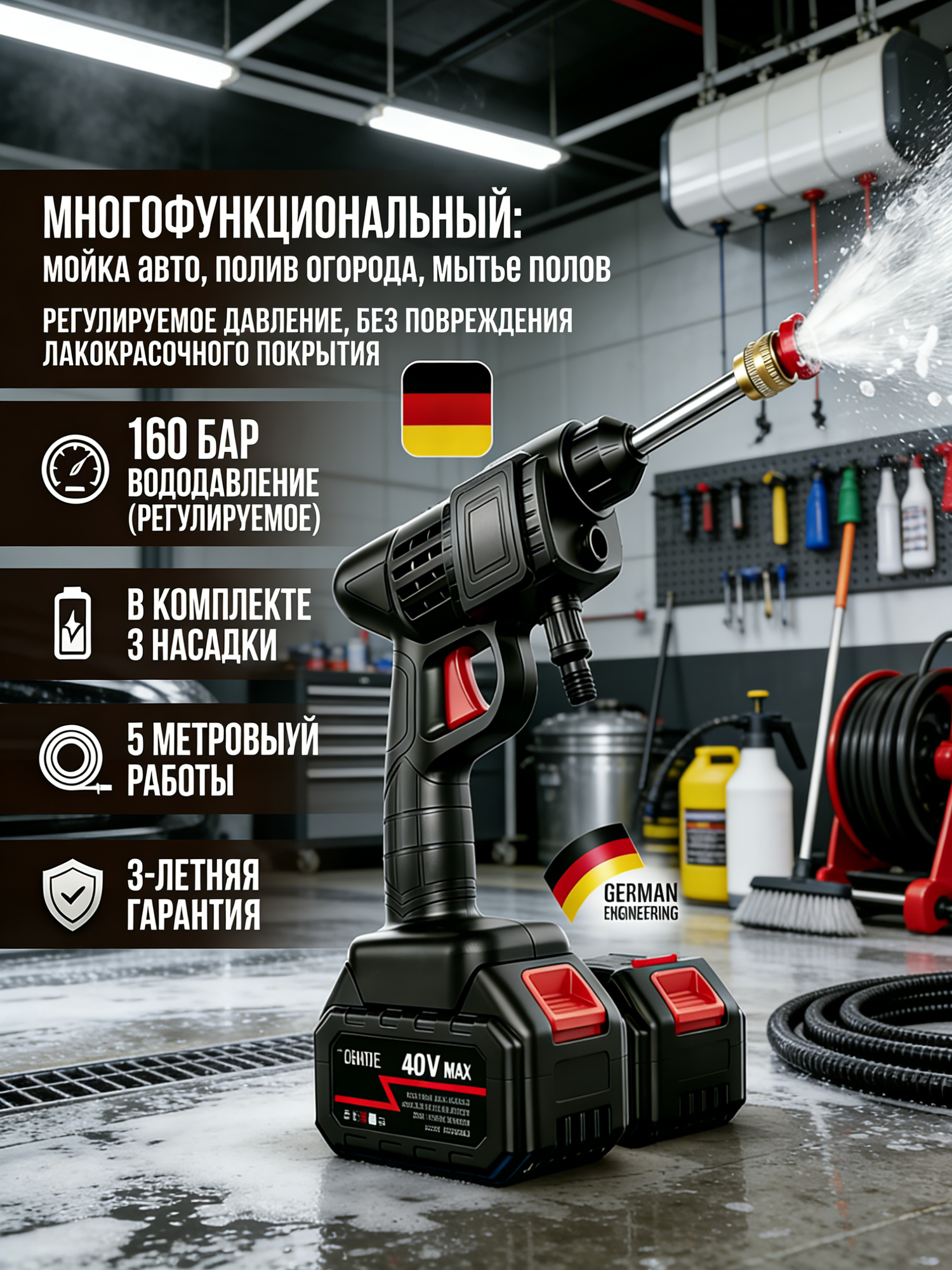 Мойка высокого давления, 1000 Вт, 30 Бар, для авто, портативная