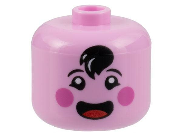 Деталь Lego 79435pb02 Minifigure, Head, Modified Giant Black Eyebrows and Hair Tuft, Dark Pink Circles on Cheeks, Open Mouth Smile with Red Tongue Pattern - Vented Stud