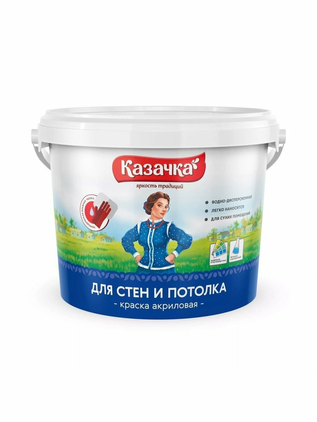 Краска водно-дисперсионная Казачка W-3 акриловая интерьерная матовая белая для стен, потолка и обоев, 2.7 кг