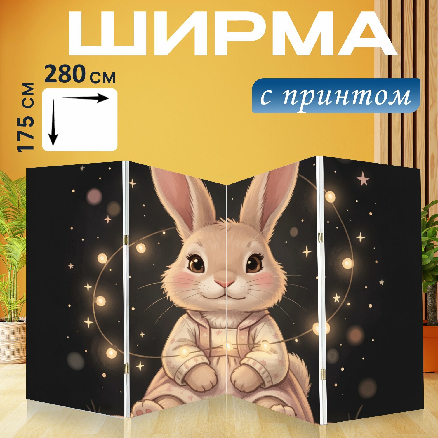 Ширма "Милый зайчонок с гирляндой. Нежная иллюстрация кролика в розовом платье на тёмном фоне со светящимися." перегородка для зонирования комнаты с принтом 280x175 см. на холсте