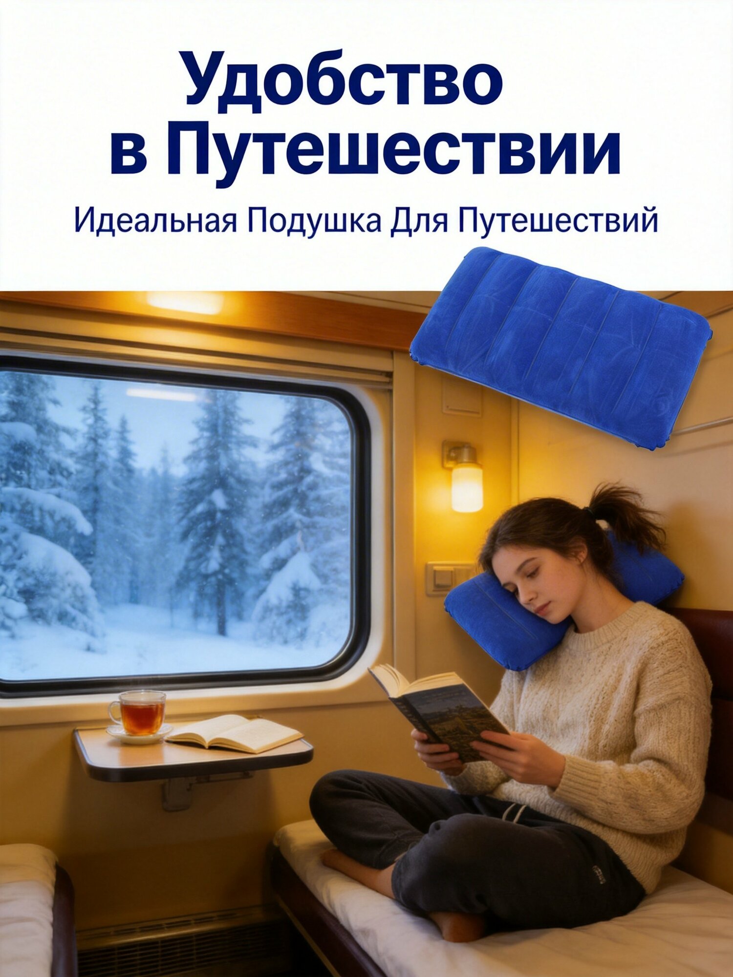 Надувная подушка для путешествий, в машину и самолет — компактная для сна и плавания 43 х 28 х 9 см