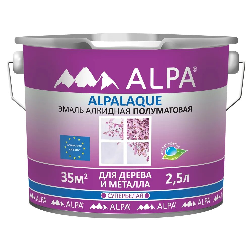 Эмаль Alpa Альпалак 3488570010419, алкидная, белая, полуматовая, для дерева и металла, 2,5 л