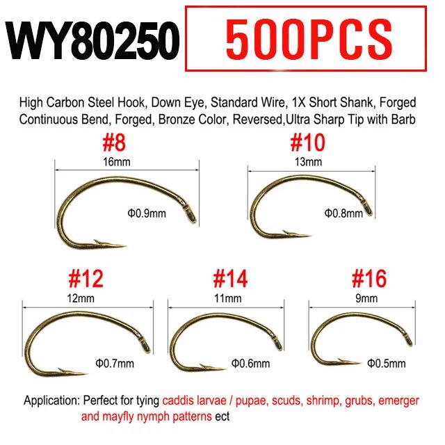 Крючки для вязания мух WY80250, 500 шт, Size 12
